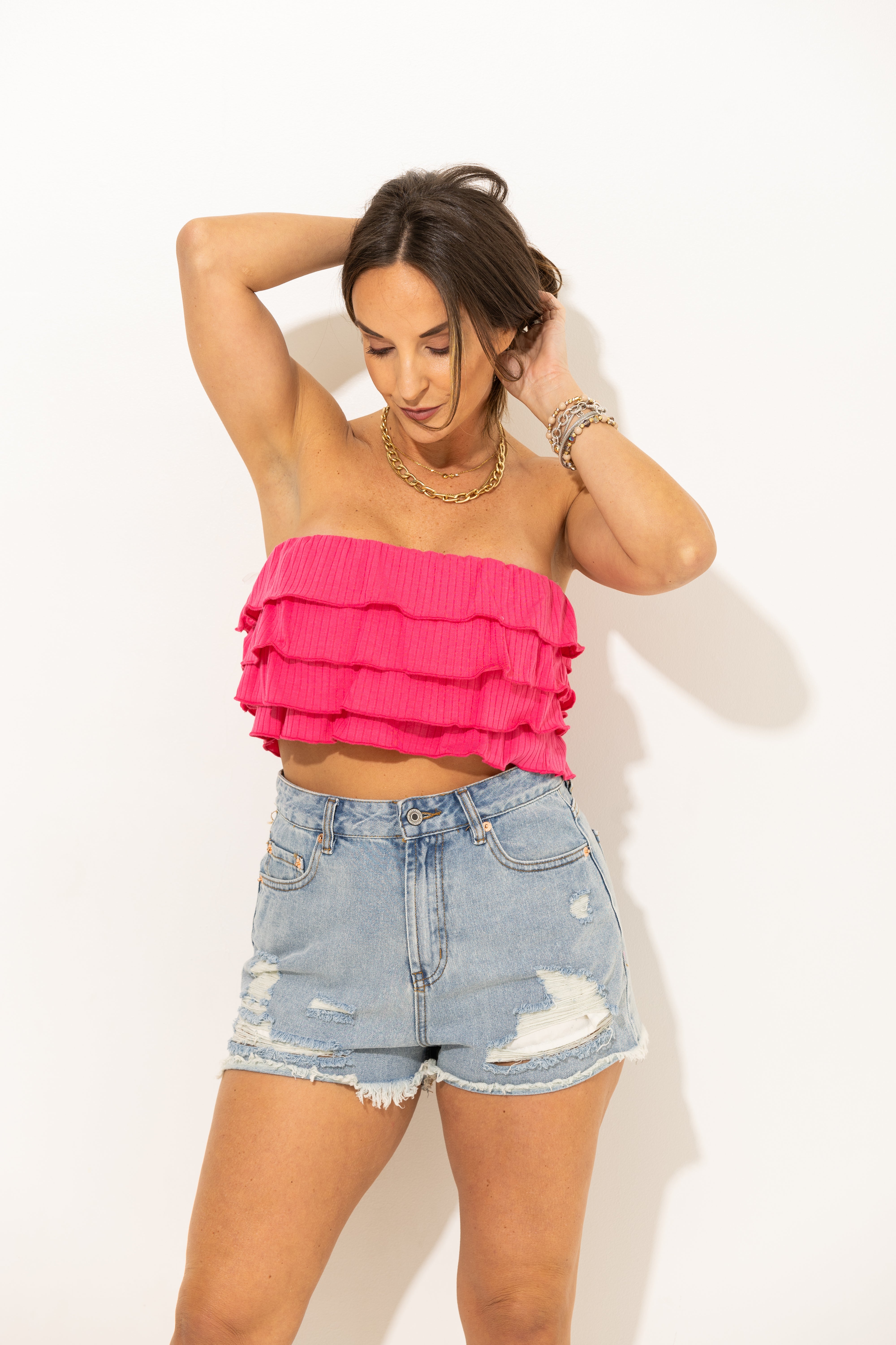 Pretty Please Ruffled Strapless Top: Pink – impromptu boutique
